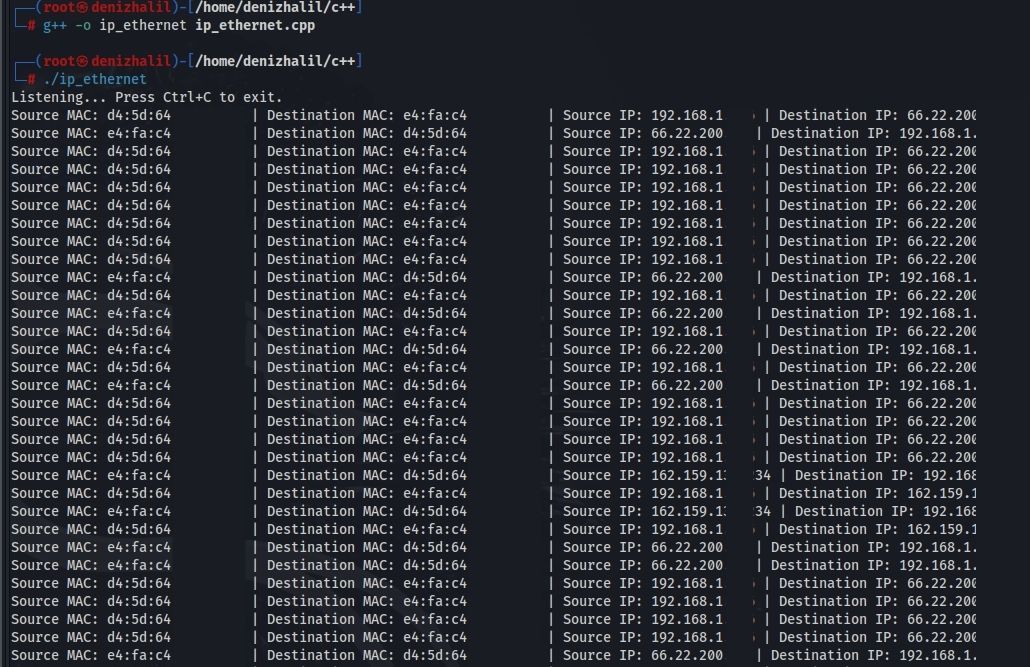 Network Monitoring with C++ IP And Ethernet Sniffing- DenizHalil - Professional Cybersecurity ...